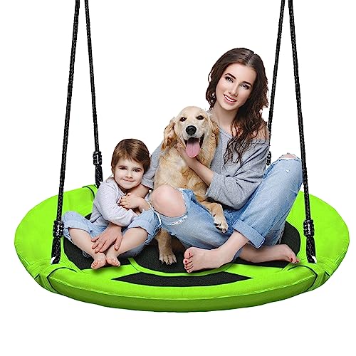 Hisecome 40 Inch Green Saucer Tree Swing Set for Kids Adults 500lb Weight Capacity Waterproof Flying Swing Seat Textilene Fabric with Adjustable Hanging Ropes for Outdoor Playground, Backyard