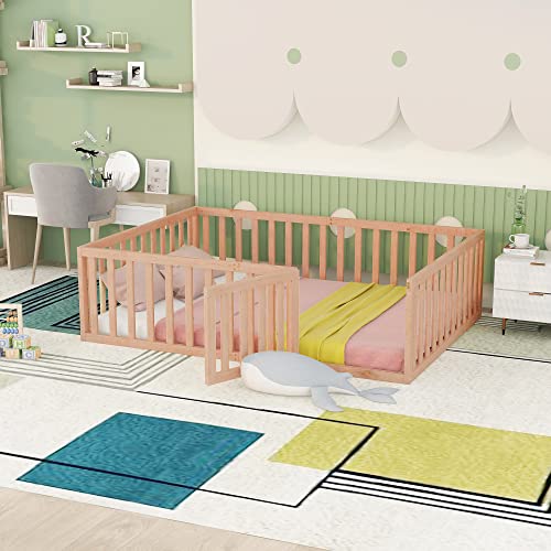 GLANZEND Full Size Floor Bed, Frame with Fence-Shaped Guardrails and Lockable Door, Solid Wood Montessori Platform Bed for Kids, Toddlers, Boys Girls, No Box Spring Needed, Natural