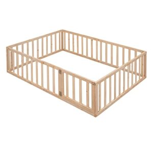 GLANZEND Full Size Floor Bed, Frame with Fence-Shaped Guardrails and Lockable Door, Solid Wood Montessori Platform Bed for Kids, Toddlers, Boys Girls, No Box Spring Needed, Natural