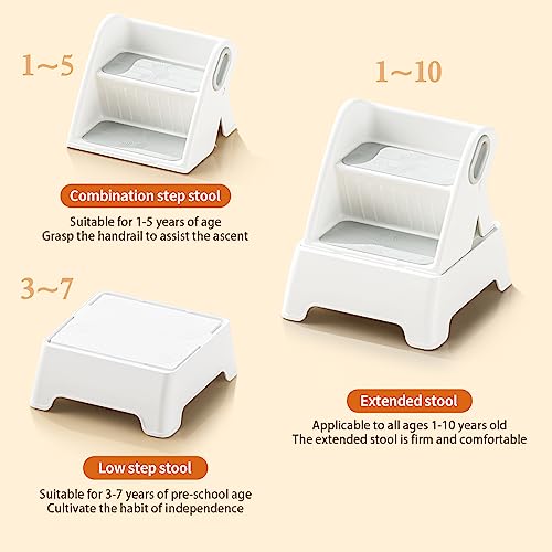 Toddler Step Stool, Adjustable 2 Step Stop Kids, Removable Sitting Stool for Kitchen Counter Bathroom Sink Toilet Potty Training with Handles and Non-Slip Pads(Grey)