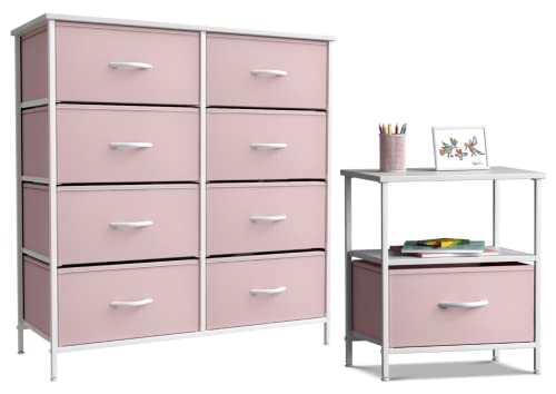 Sorbus Kids Dresser with 8 Drawers and 1 Drawer Nightstand Bundle - Matching Furniture Set - Storage Unit Organizer Chests for Clothing - Bedroom, Kids Rooms, Nursery, & Closet (Pink)