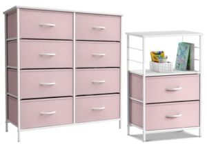 sorbus kids dresser with 8 drawers and 2 drawer nightstand bundle - matching furniture set - storage unit organizer chests for clothing - bedroom, kids rooms, nursery, & closet (pink)