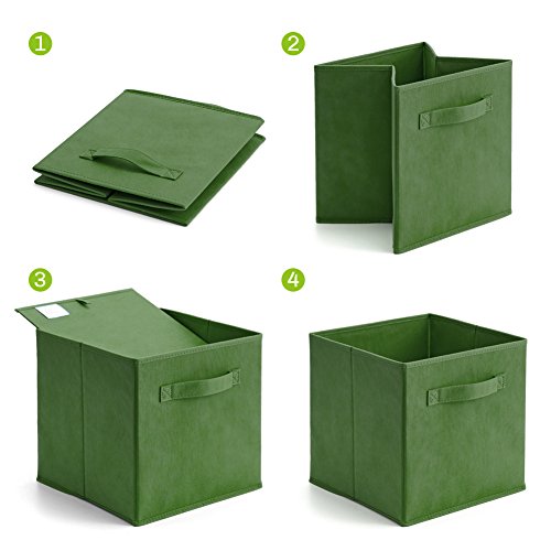 EZOWare Bundle Kit 6 Pcs Kale Green Collapsible Fabric Cube Storage Bin Baskets + 4 Closet Wardrobe Dresser Drawer Organizer Divider For Organizing Nursery Baby Clothes