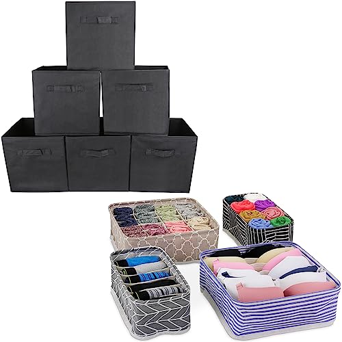 EZOWare Bundle Kit 6 Pcs Black Collapsible Fabric Cube Storage Bin Baskets + 4 Closet Wardrobe Dresser Drawer Organizer Divider For Organizing Nursery Baby Clothes