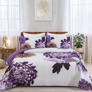 dintszyayue floral quilt set king size, 3 pieces purple flower quilt coverlet set with 2 pillowcases lightweight microfiber bedspread all season king 104"x90"