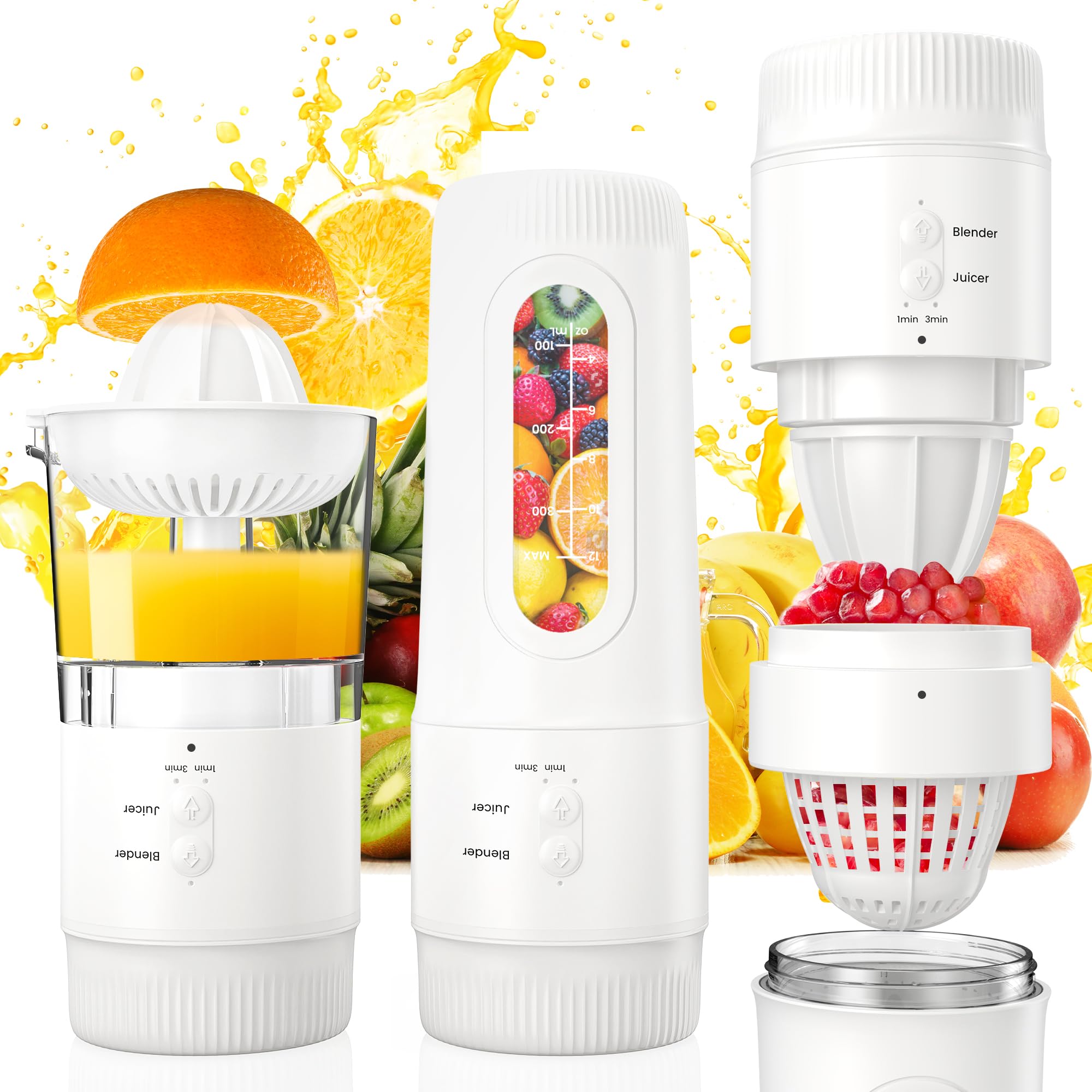 Portable Blender for Shakes and Smoothies - 3 in 1 Personal Blender with Citrus Juicer and Pure Juicer, Smoothie Blender with 12 Oz Travel Cup and Lid, USB Rechargeable Smoothie Maker Mini Blender