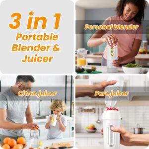 Portable Blender for Shakes and Smoothies - 3 in 1 Personal Blender with Citrus Juicer and Pure Juicer, Smoothie Blender with 12 Oz Travel Cup and Lid, USB Rechargeable Smoothie Maker Mini Blender