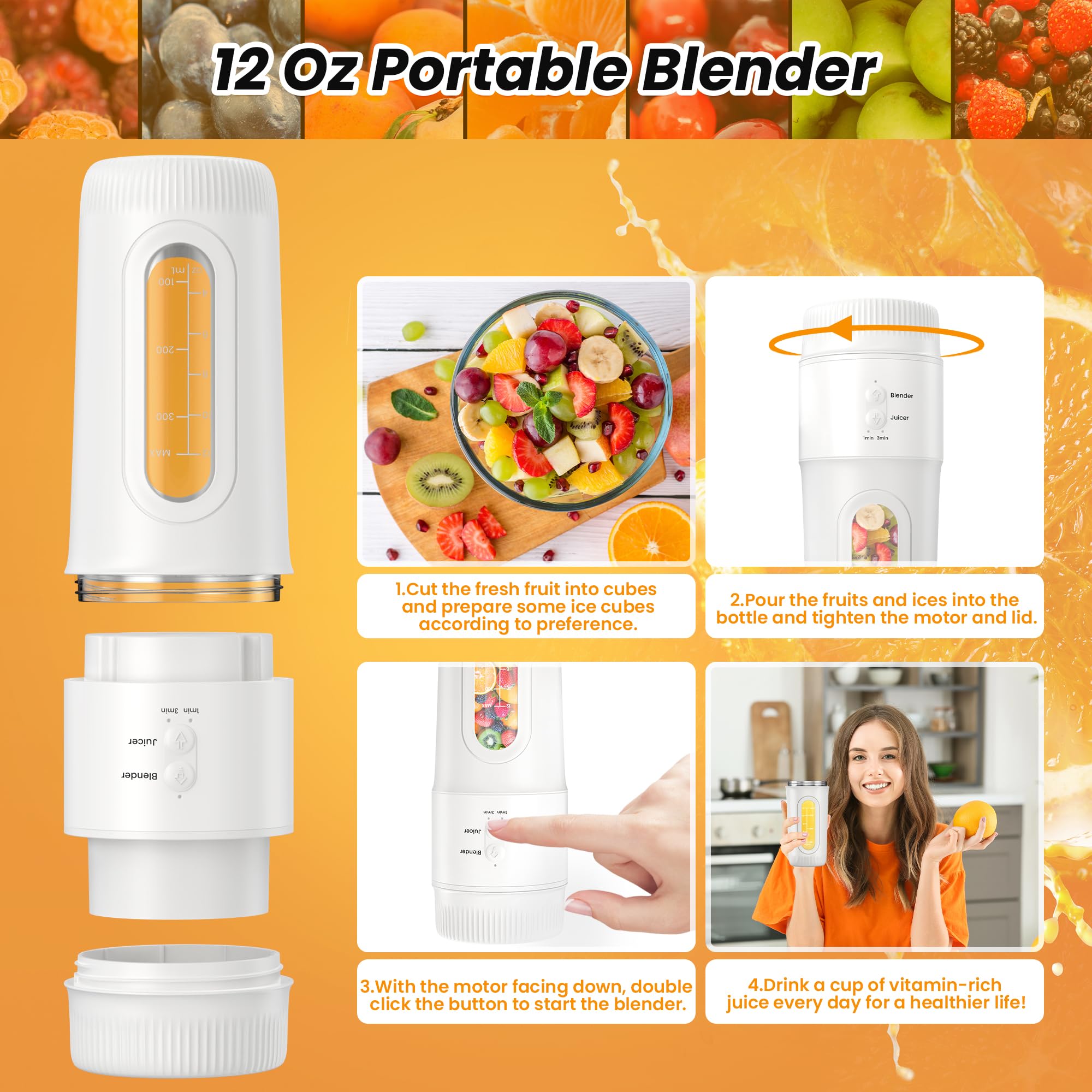 Portable Blender for Shakes and Smoothies - 3 in 1 Personal Blender with Citrus Juicer and Pure Juicer, Smoothie Blender with 12 Oz Travel Cup and Lid, USB Rechargeable Smoothie Maker Mini Blender