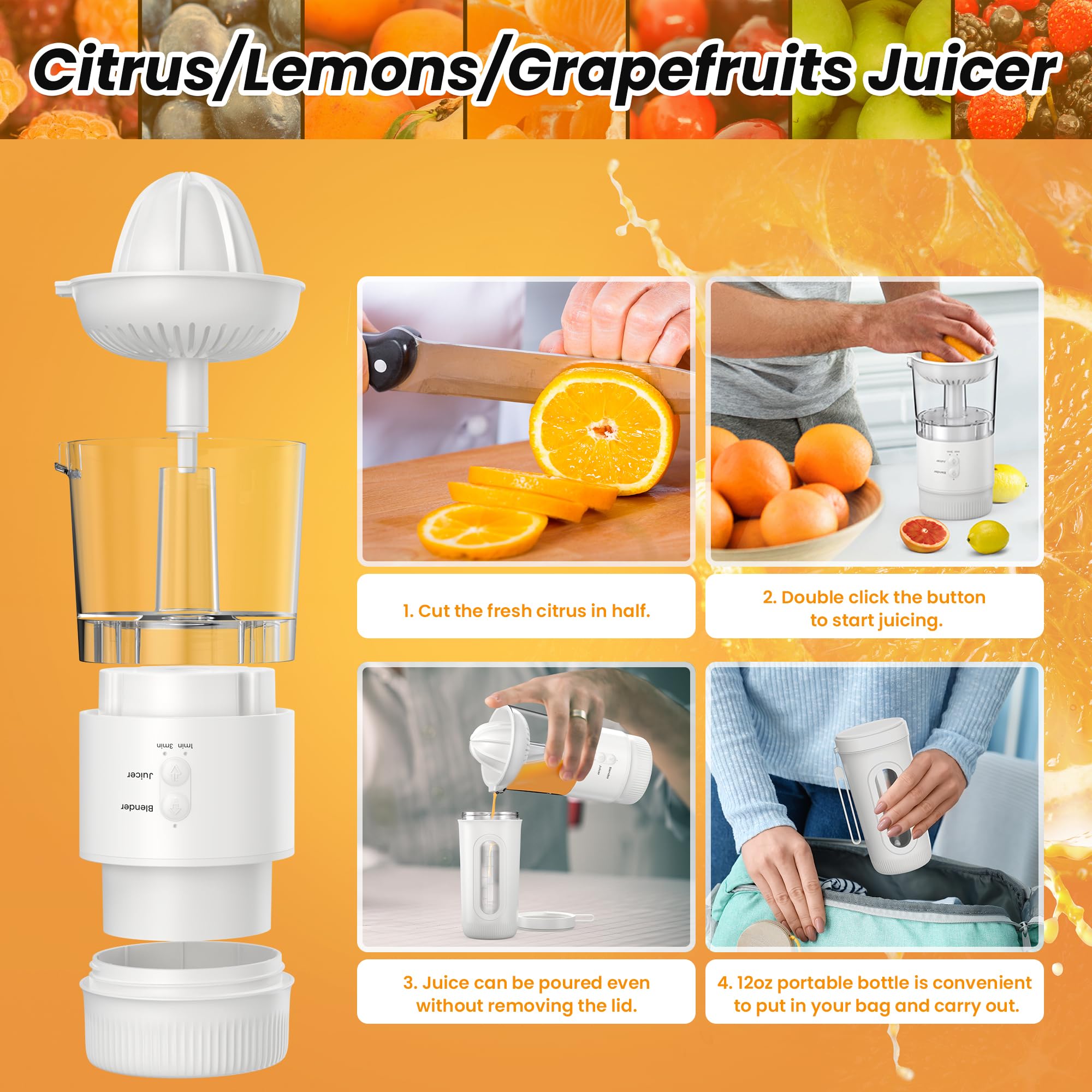 Portable Blender for Shakes and Smoothies - 3 in 1 Personal Blender with Citrus Juicer and Pure Juicer, Smoothie Blender with 12 Oz Travel Cup and Lid, USB Rechargeable Smoothie Maker Mini Blender