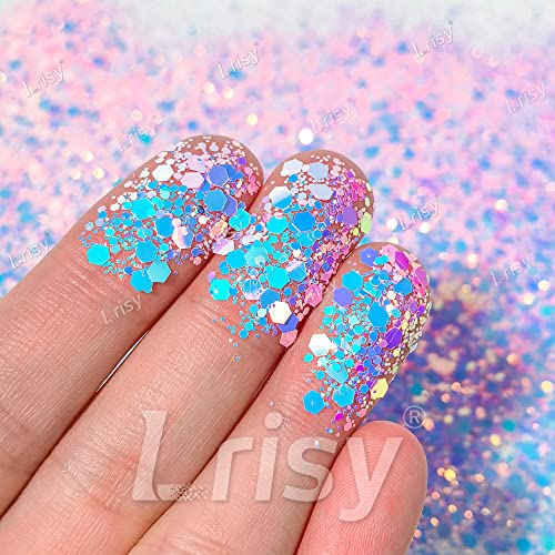 Lrisy Iridescent Soft Pink Neon Chunky Glitter,Bulk for Powder Craft Glitter Flake Epoxy Resin,Slime,Body Face,Tumblers,Nail&Arts Painting 55g