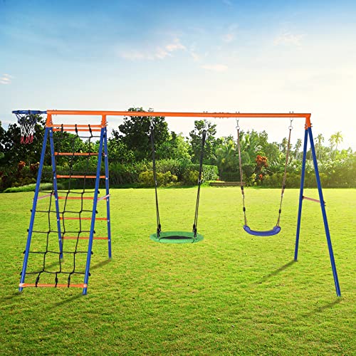 Ktaxon 5in1 Swing Set for Backyard, 550lbs Heavy-Duty Swings Set W/Saucer and Belt Swing Seat, Climbing Net & Ladder, Basketball Hoop, Playground Swing Sets with A-Frame Stand