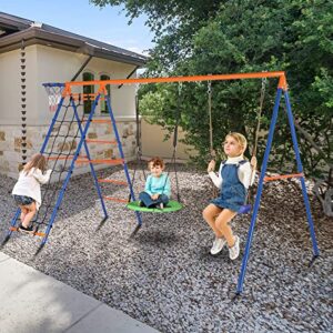 Ktaxon 5in1 Swing Set for Backyard, 550lbs Heavy-Duty Swings Set W/Saucer and Belt Swing Seat, Climbing Net & Ladder, Basketball Hoop, Playground Swing Sets with A-Frame Stand