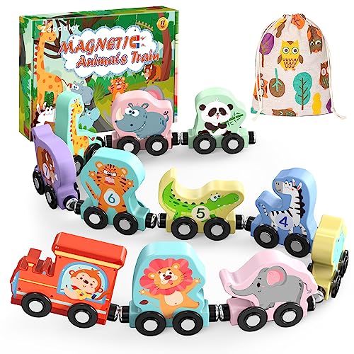 Zeoddler Toys for Toddlers, 11 PCS Magnetic Wooden Animals Train Set, Montessori Toys for Toddlers, Preschool Learning Activities for Kids, Birthday Gifts for Boys, Girls