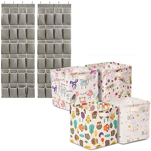 EZOWare Bundle Kit 4 Pcs Foldable Storage Bin Cubes + 2 Pcs 24 Large Pockets Over The Door Hanging Organizer for Bathroom Toys Nursery Kids Toddlers Home