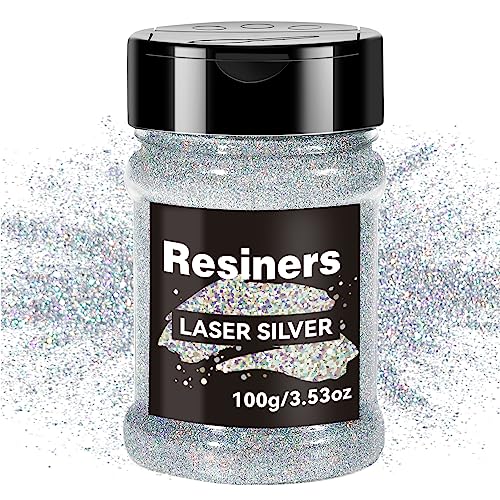 Resiners Holographic Ultra Fine Glitter Powder - 3.53oz/100g, 1/128" Metallic Epoxy Resin Glitter Sequins Flakes for Tumblers,Slime, Nails, Paint, Art Crafts - Laser Silver