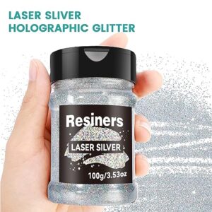 Resiners Holographic Ultra Fine Glitter Powder - 3.53oz/100g, 1/128" Metallic Epoxy Resin Glitter Sequins Flakes for Tumblers,Slime, Nails, Paint, Art Crafts - Laser Silver