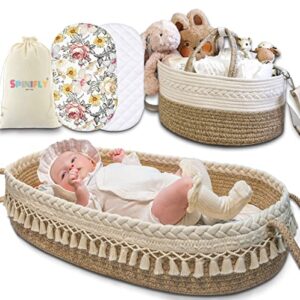 baby changing basket set w. diaper caddy organizer macrame boho moses basket for babies, handmade 100% cotton rope, woven portable nursery decor waterproof pad & floral pad