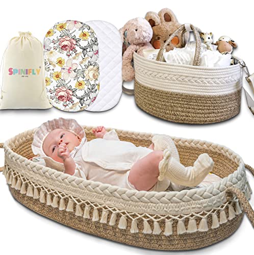 Baby Changing Basket Set w. Diaper Caddy Organizer Macrame Boho Moses Basket for Babies, Handmade 100% Cotton Rope, Woven Portable Nursery Decor Waterproof Pad & Floral Pad