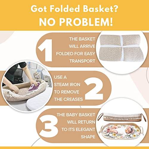 Baby Changing Basket Set w. Diaper Caddy Organizer Macrame Boho Moses Basket for Babies, Handmade 100% Cotton Rope, Woven Portable Nursery Decor Waterproof Pad & Floral Pad