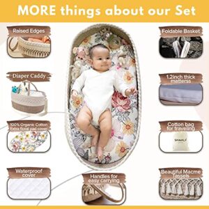 Baby Changing Basket Set w. Diaper Caddy Organizer Macrame Boho Moses Basket for Babies, Handmade 100% Cotton Rope, Woven Portable Nursery Decor Waterproof Pad & Floral Pad