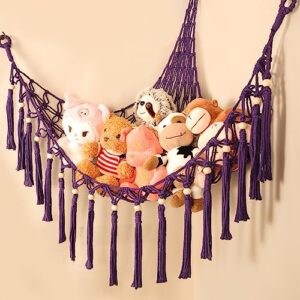 razella purple stuffed animal net or hammock with led light net for stuffed animals corner plush animal storage hammock for wall bedroom living boho kids room decor