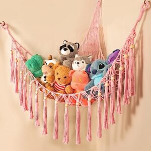 razella pink stuffed animal net or hammock with led light macrame plushie net hammock plush animal storage hammock for wall bedroom living boho kids room decor