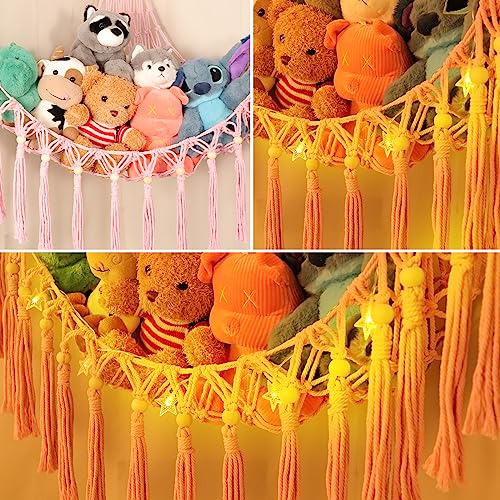 Razella Pink Stuffed Animal Net or Hammock with LED Light Macrame Plushie Net Hammock Plush Animal Storage Hammock for Wall Bedroom Living Boho Kids Room Decor