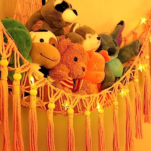 Razella Pink Stuffed Animal Net or Hammock with LED Light Macrame Plushie Net Hammock Plush Animal Storage Hammock for Wall Bedroom Living Boho Kids Room Decor