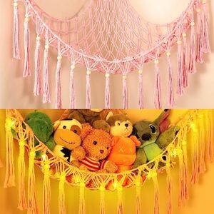 Razella Pink Stuffed Animal Net or Hammock with LED Light Macrame Plushie Net Hammock Plush Animal Storage Hammock for Wall Bedroom Living Boho Kids Room Decor