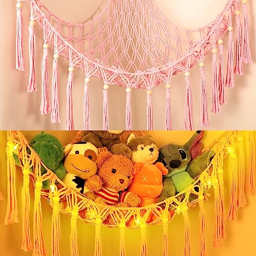 Razella Pink Stuffed Animal Net or Hammock with LED Light Macrame Plushie Net Hammock Plush Animal Storage Hammock for Wall Bedroom Living Boho Kids Room Decor