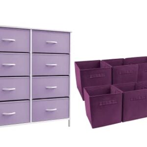 Sorbus Kids Purple Dresser with 8 Drawers + 11 Inch Deep Purple Cube Storage Bins (6 Pack) Bundle - Matching Set - Storage Unit Organizers for Clothing - Bedroom, Kids Rooms, Nursery, & Closet