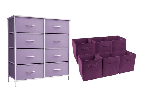 Sorbus Kids Purple Dresser with 8 Drawers + 11 Inch Deep Purple Cube Storage Bins (6 Pack) Bundle - Matching Set - Storage Unit Organizers for Clothing - Bedroom, Kids Rooms, Nursery, & Closet