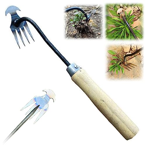 New Weeding Artifact Uprooting Weeding Tool, 4 Teeth Dual Purpose Weeder Tool, Hand Weeder Tool for Garden Yard Farm Weed Removal (Wood-14.5inch)