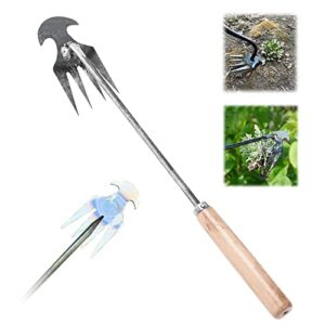 weeding artifact uprooting weeding tool, manganese steel multifunctional weeder, hand weeder tool, 4 teeth stand up weed puller tool with handle for garden yard farm weed removal (11in, wood handle)