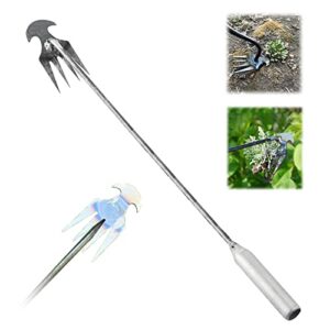 amposei weeding artifact uprooting weeding tool, multifunctional weeder, hand weeder tool, 4 teeth stand up weed puller tool with handle for garden yard farm weed removal (20in, metal handle)