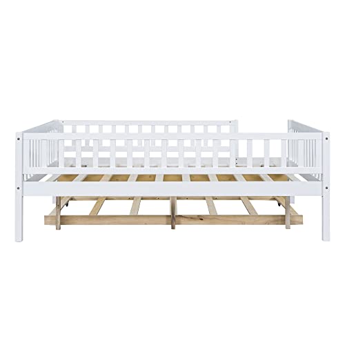 Vierniya Kid Bed with Fence and Trundle Full Size Trundle Bed with Rails, Wooden Toddler Daybed Montessori Bed for Boys Girls, White