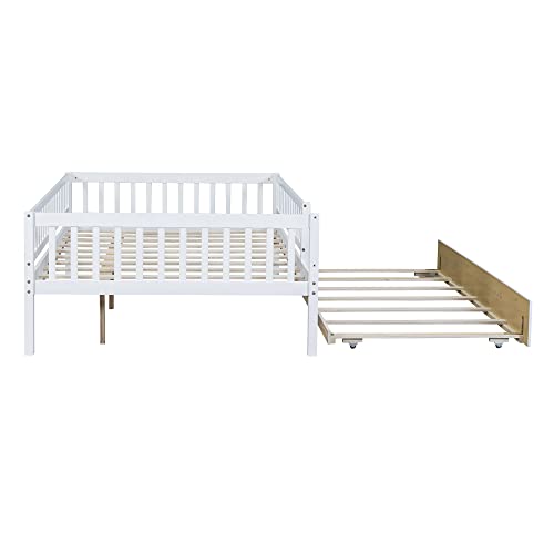 Vierniya Kid Bed with Fence and Trundle Full Size Trundle Bed with Rails, Wooden Toddler Daybed Montessori Bed for Boys Girls, White