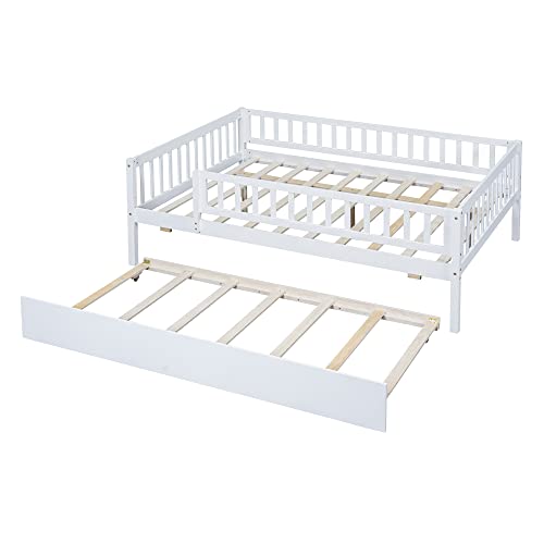 Vierniya Kid Bed with Fence and Trundle Full Size Trundle Bed with Rails, Wooden Toddler Daybed Montessori Bed for Boys Girls, White