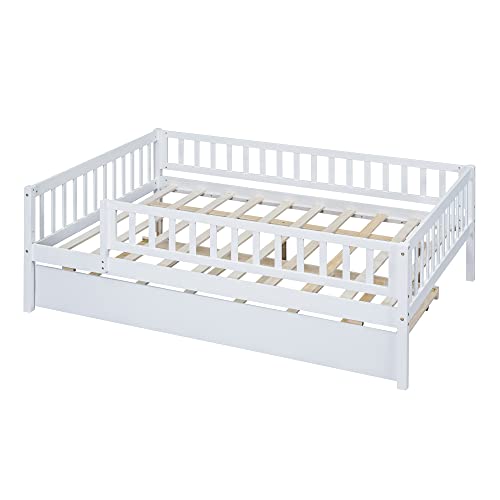 Vierniya Kid Bed with Fence and Trundle Full Size Trundle Bed with Rails, Wooden Toddler Daybed Montessori Bed for Boys Girls, White