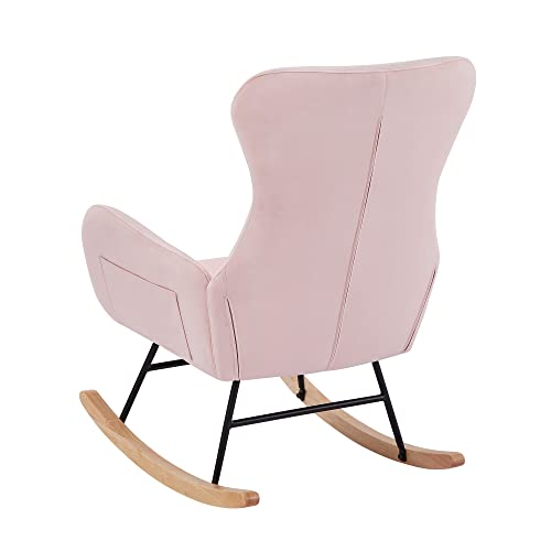 Modern Accent Rocking Chair, Tufted Upholstered Rocking Chair for Nursery,Comfy Wingback Glider Rocker with Safe Solid Wood Base Arm Chair W/2 Side Pockets, for Living Room Bedroom Balcony (Pink)