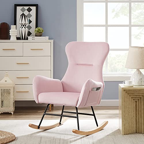 Modern Accent Rocking Chair, Tufted Upholstered Rocking Chair for Nursery,Comfy Wingback Glider Rocker with Safe Solid Wood Base Arm Chair W/2 Side Pockets, for Living Room Bedroom Balcony (Pink)