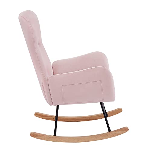 Modern Accent Rocking Chair, Tufted Upholstered Rocking Chair for Nursery,Comfy Wingback Glider Rocker with Safe Solid Wood Base Arm Chair W/2 Side Pockets, for Living Room Bedroom Balcony (Pink)