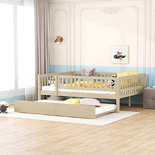 Sedgeria Full Size Montessori Bed for Toddlers Wooden Toddler Daybed with Fence and Trundle, Low Bed Frame with Rails for Kids Boys Girls, Natural