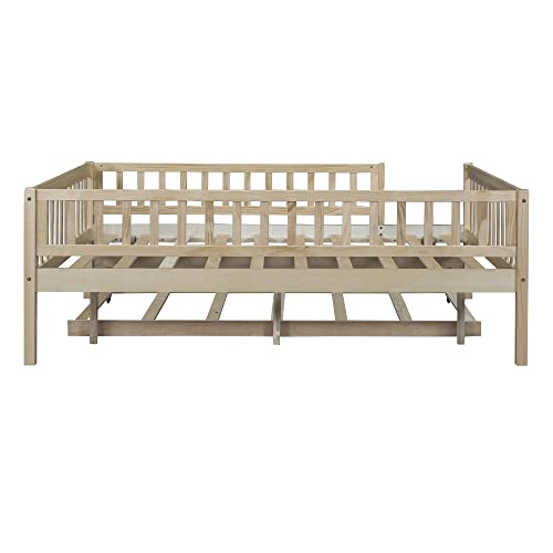 Sedgeria Full Size Montessori Bed for Toddlers Wooden Toddler Daybed with Fence and Trundle, Low Bed Frame with Rails for Kids Boys Girls, Natural