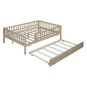 Sedgeria Full Size Montessori Bed for Toddlers Wooden Toddler Daybed with Fence and Trundle, Low Bed Frame with Rails for Kids Boys Girls, Natural