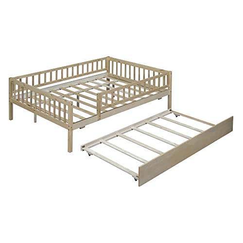 Sedgeria Full Size Montessori Bed for Toddlers Wooden Toddler Daybed with Fence and Trundle, Low Bed Frame with Rails for Kids Boys Girls, Natural