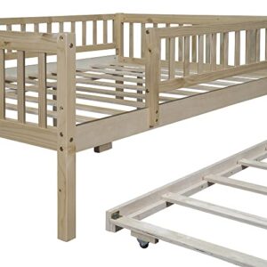 Sedgeria Full Size Montessori Bed for Toddlers Wooden Toddler Daybed with Fence and Trundle, Low Bed Frame with Rails for Kids Boys Girls, Natural