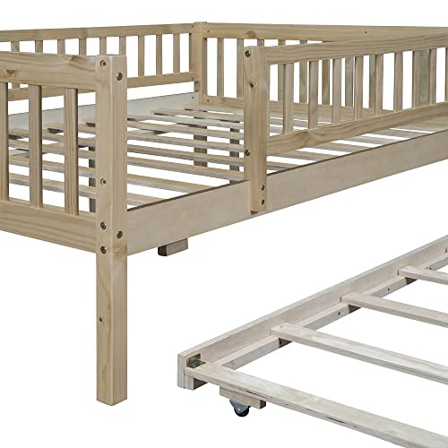 Sedgeria Full Size Montessori Bed for Toddlers Wooden Toddler Daybed with Fence and Trundle, Low Bed Frame with Rails for Kids Boys Girls, Natural