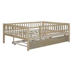 Sedgeria Full Size Montessori Bed for Toddlers Wooden Toddler Daybed with Fence and Trundle, Low Bed Frame with Rails for Kids Boys Girls, Natural