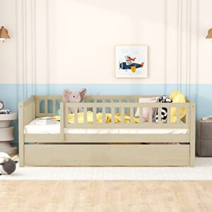 Sedgeria Full Size Montessori Bed for Toddlers Wooden Toddler Daybed with Fence and Trundle, Low Bed Frame with Rails for Kids Boys Girls, Natural